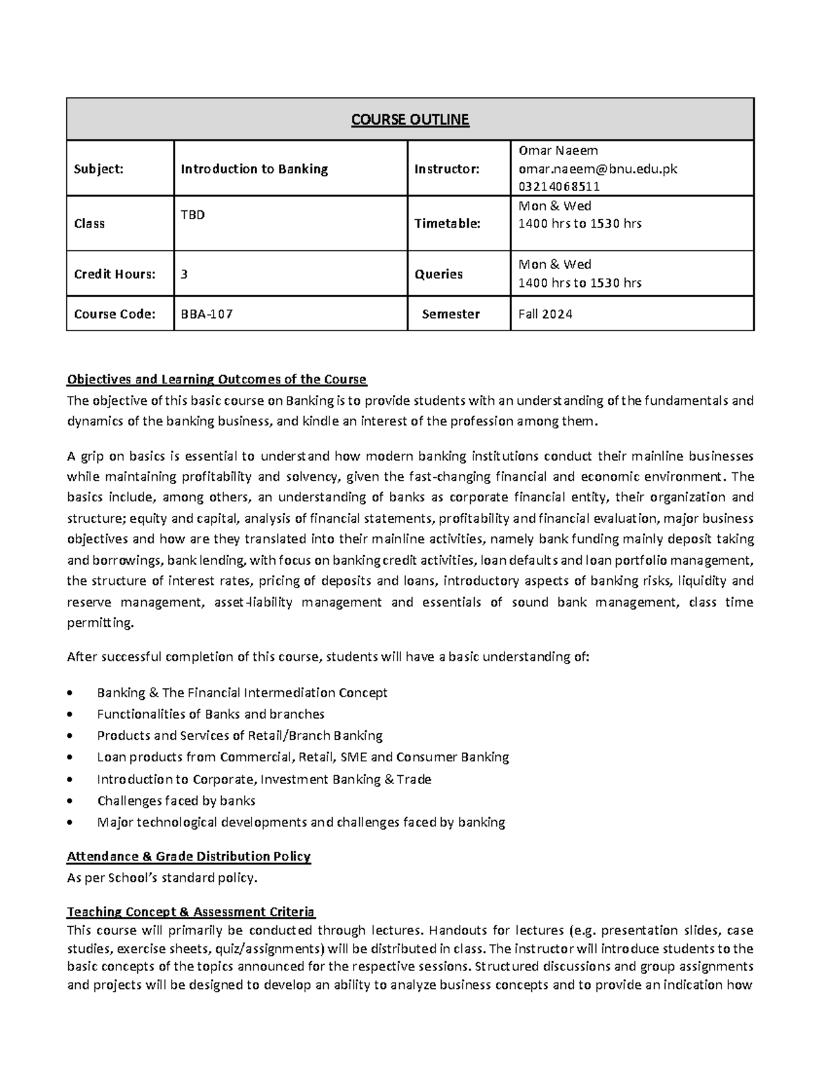 Course Outline - Introduction to Banking - COURSE OUTLINE Subject ...