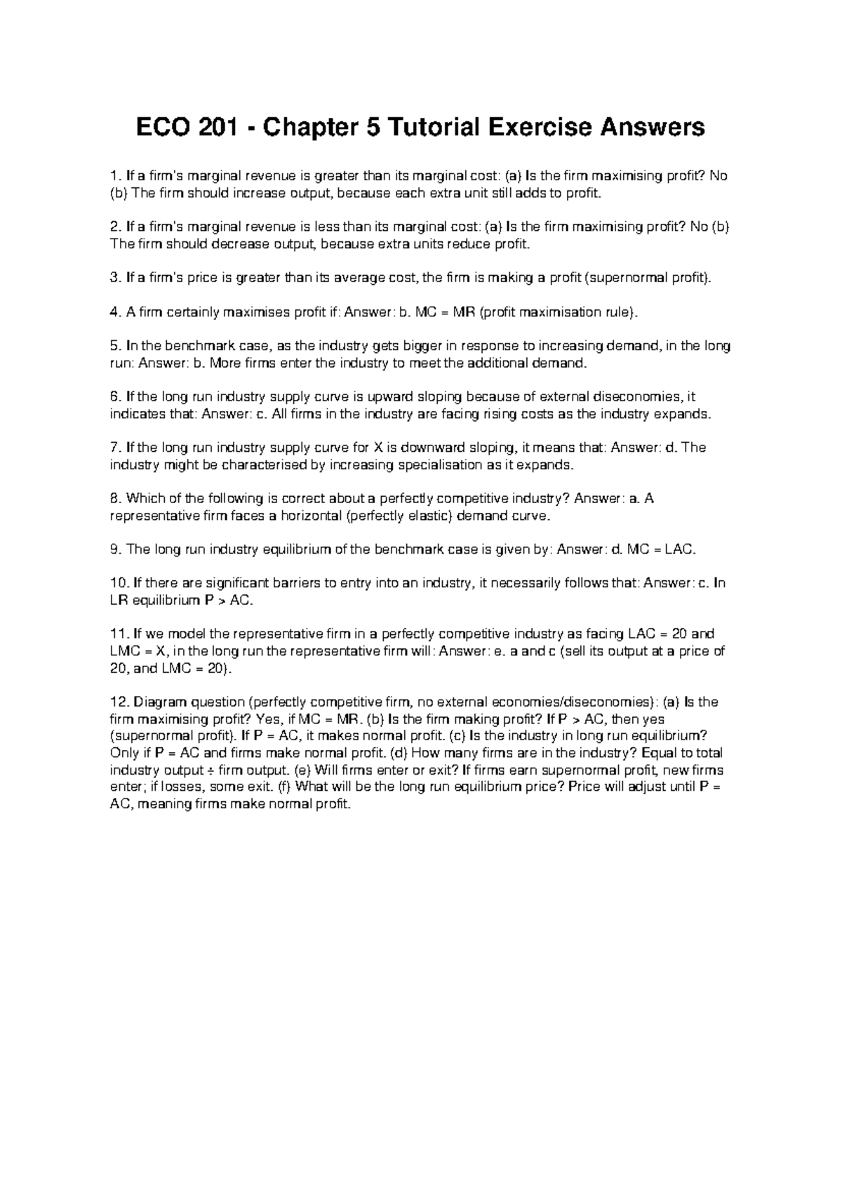 ECO 201 Chapter 5 Tutorial Exercise Answers and Explanations - Studocu