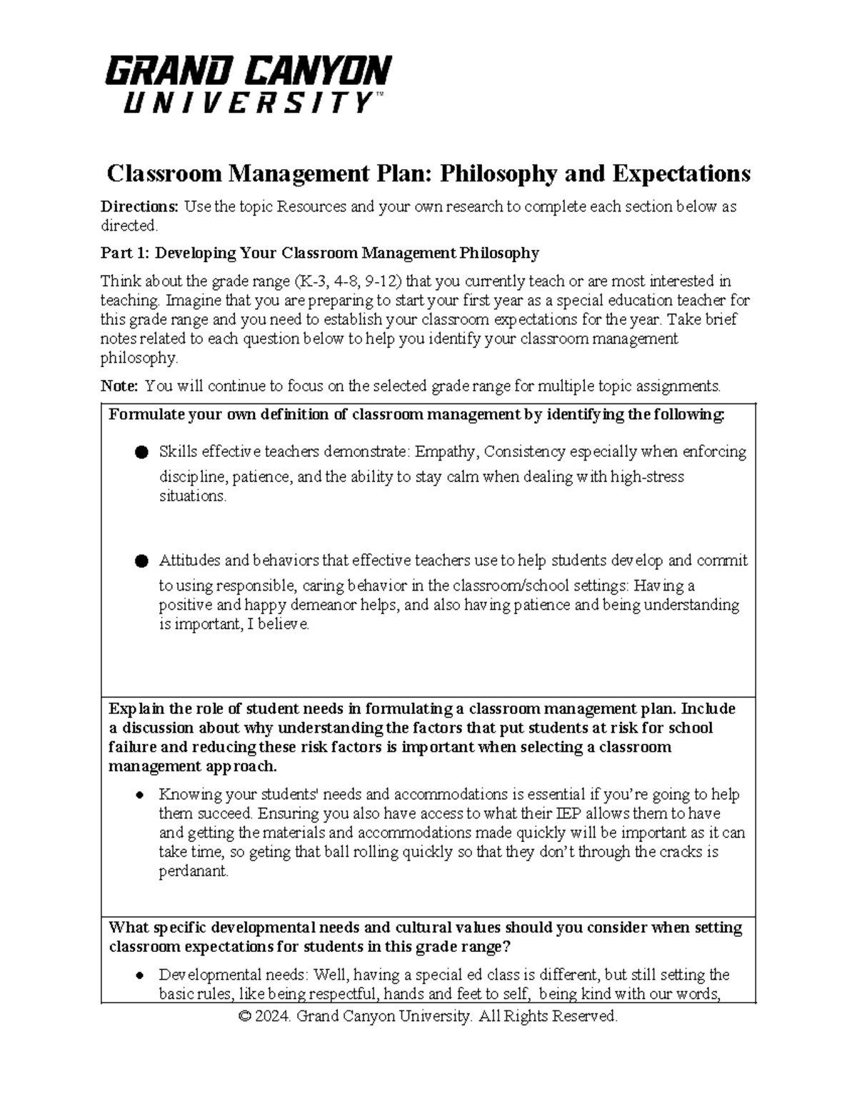Classroom Management Plan (EDU 2024): Philosophy & Expectations Guide ...