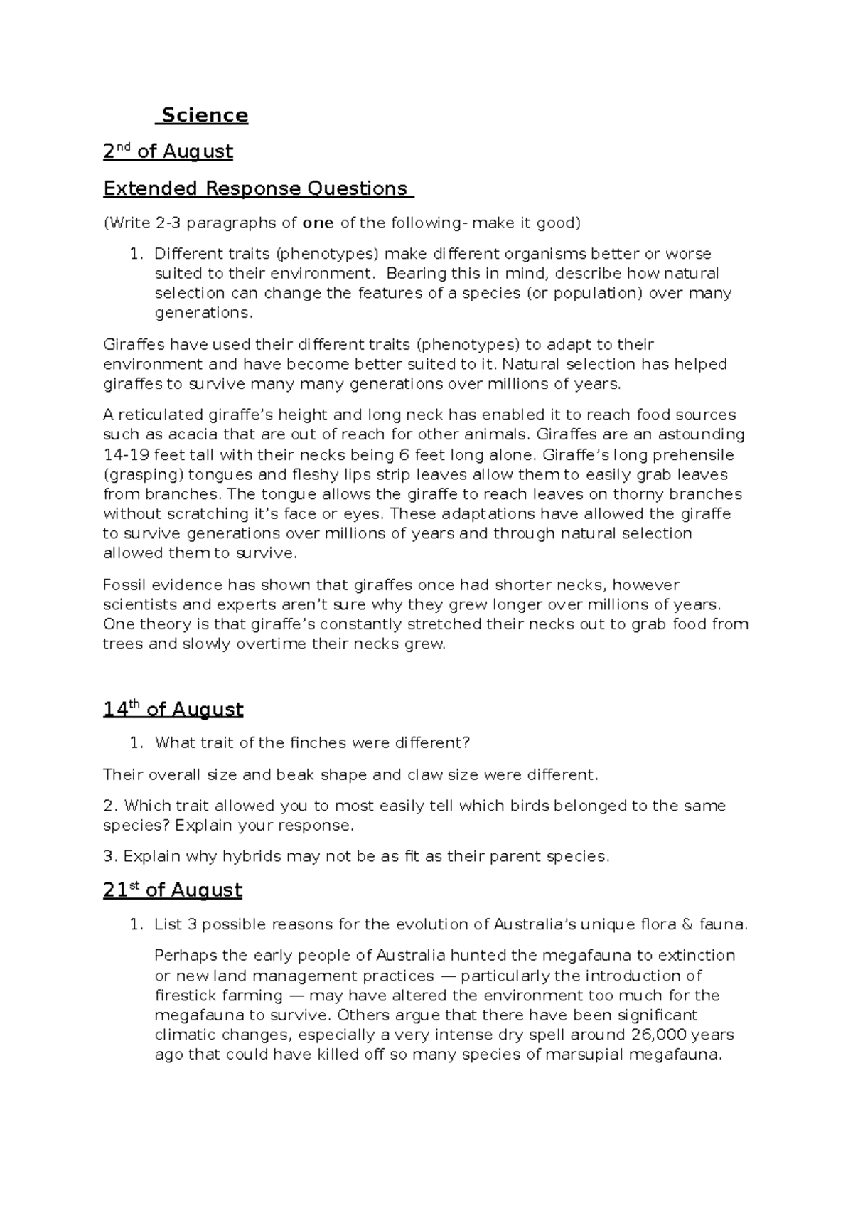 Science Extended Response Questions - Evolution and Natural Selection ...
