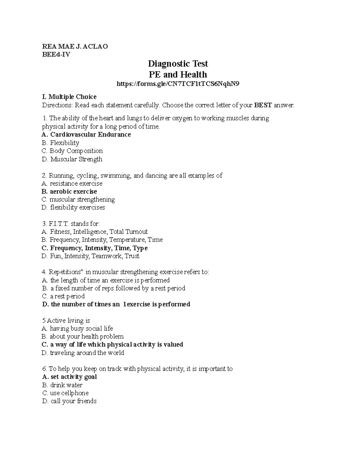 BEEd-IV Diagnostic Test: PE and Health Study Guide - Studocu