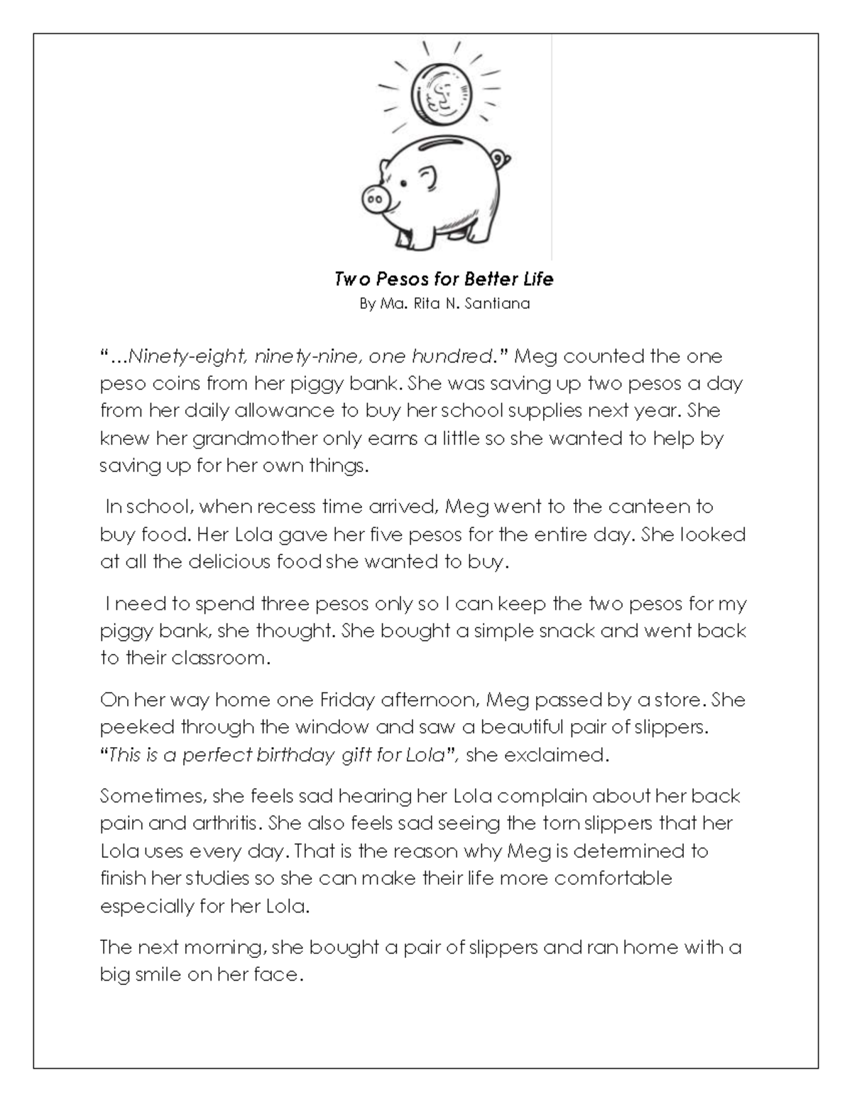 Two Pesos for a Better Life: A Heartwarming Story of Meg and Lola - Studocu