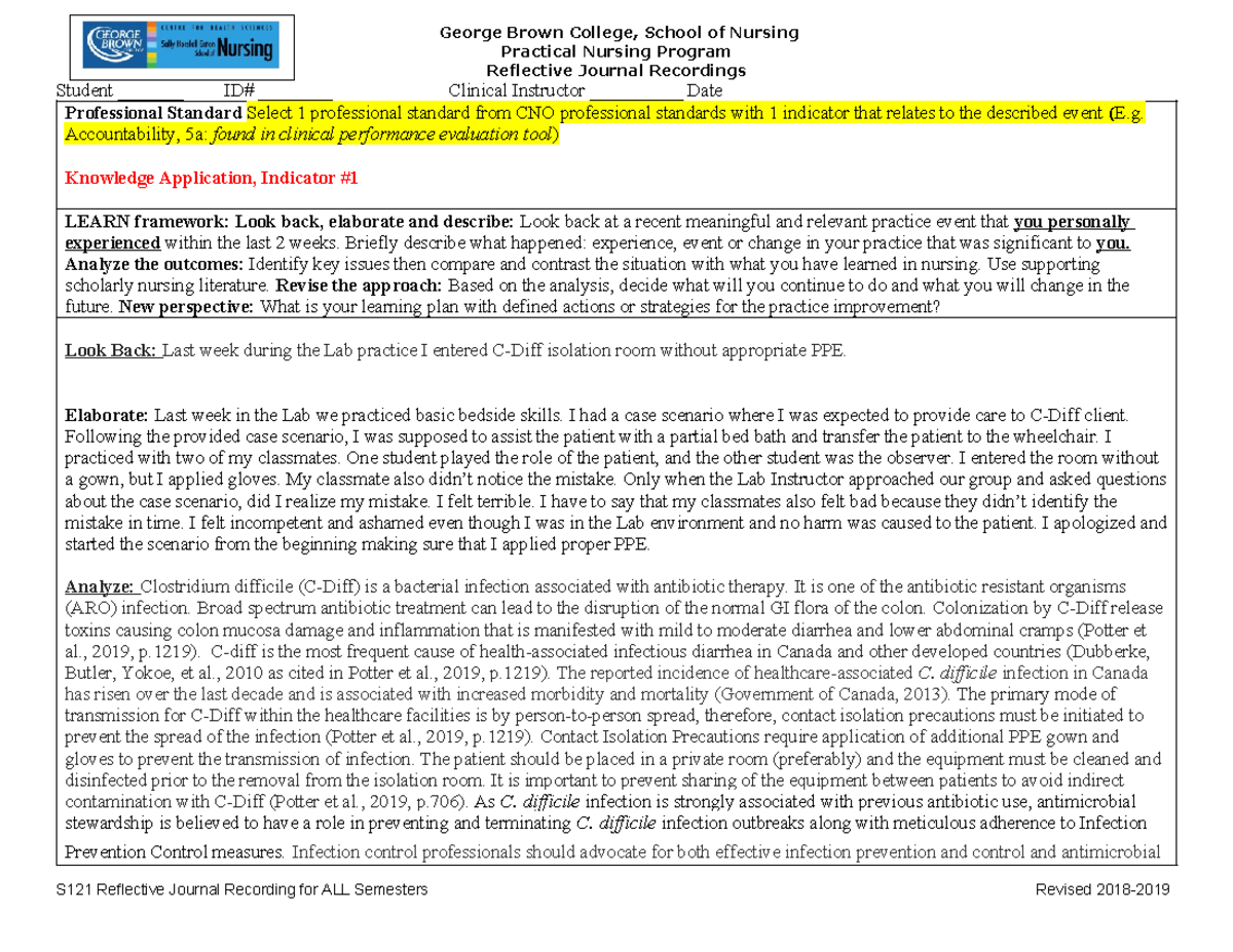 C-Diff Reflection Example ( Summer 2023) GOOD example - George Brown College, School of Nursing ...
