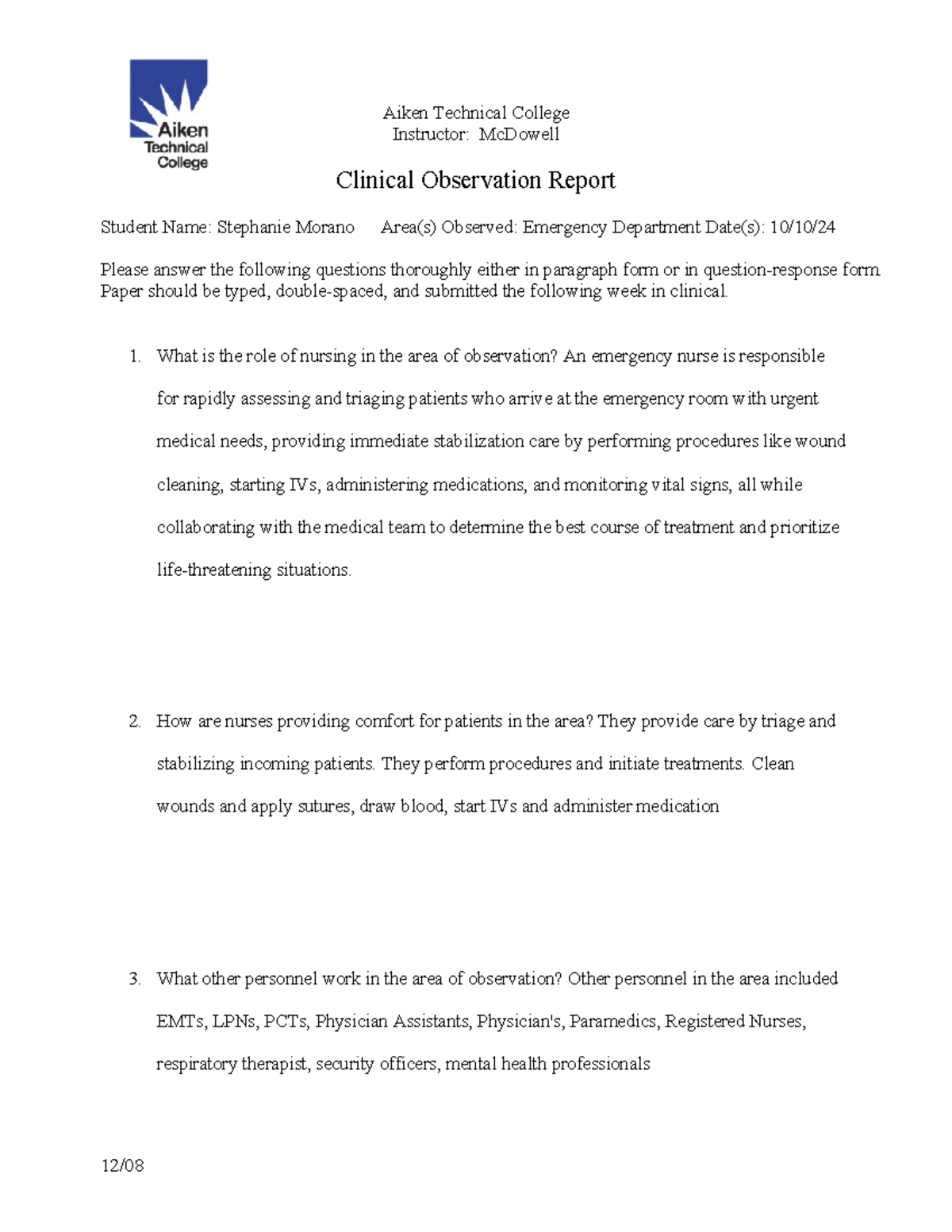 Clinical Observation Report 4 - Emergency Department Nursing Insights ...