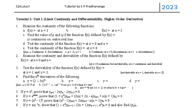 Calculus I 2023 Tutorial 1: Limits, Continuity & Derivatives - Studocu