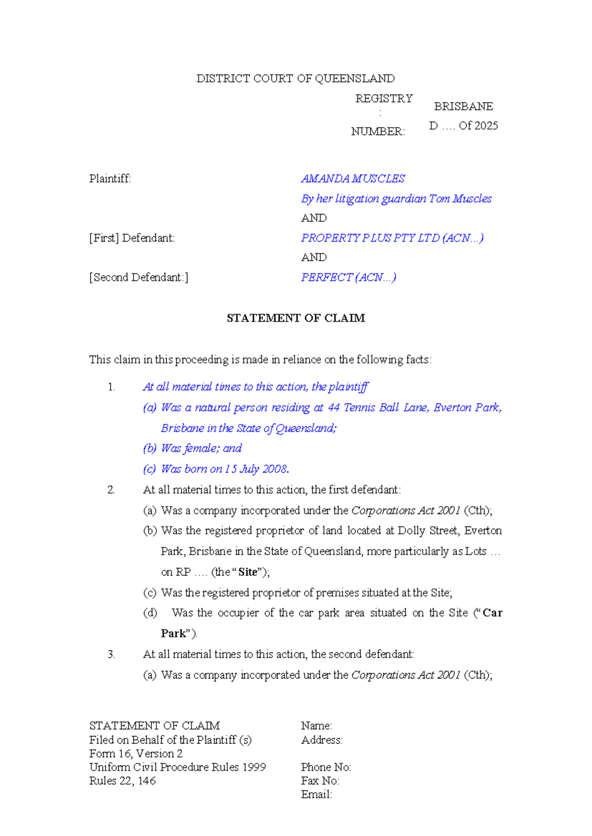 Draft Statement of Claim - Brisbane D of 2025 (Court Case) - Studocu