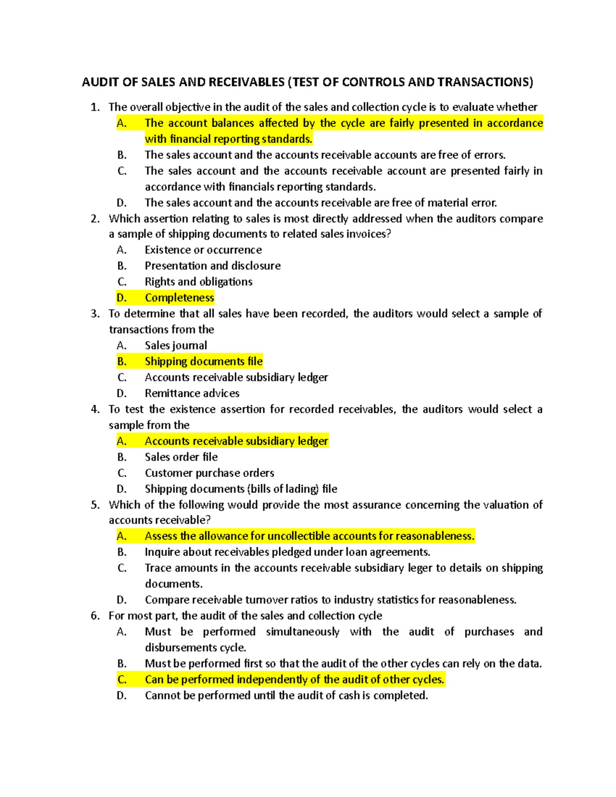 Audit of Sales and Receivables: Test of Controls Analysis - Studocu