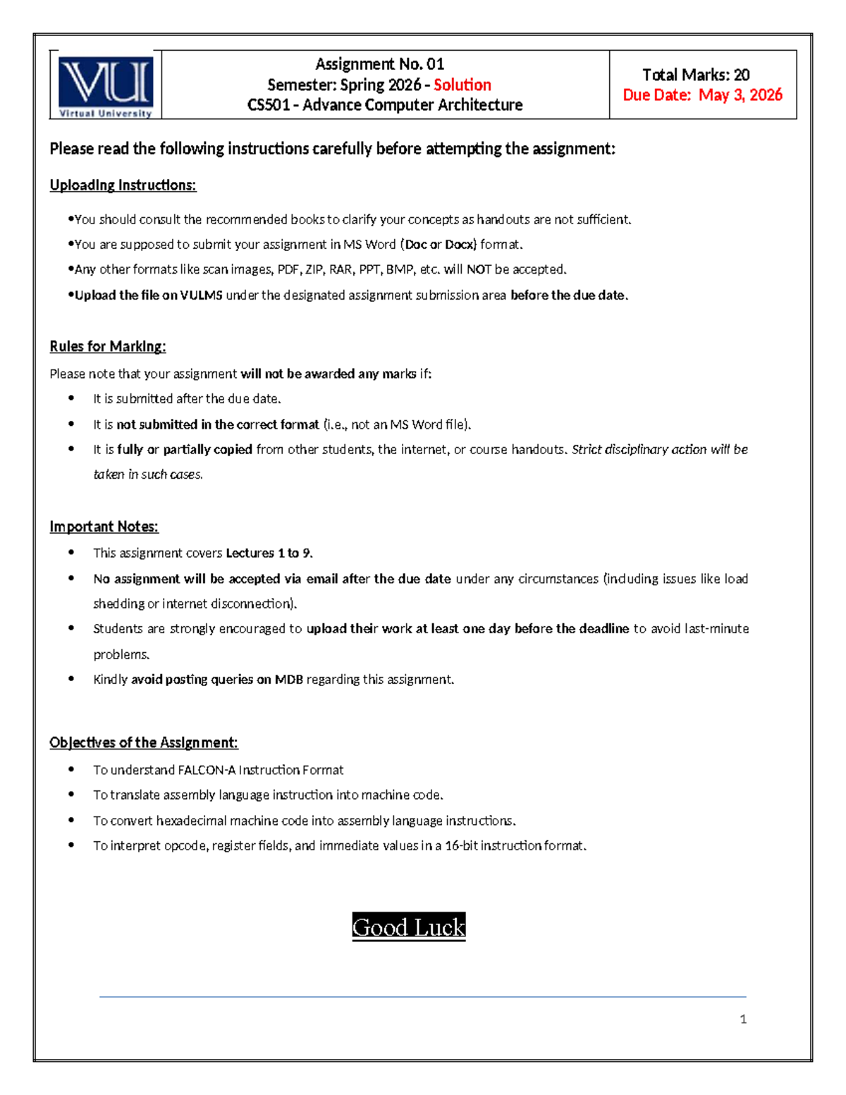 CS501 Assignment 01 Spring 2026 Solution: Machine Code & Assembly - Studocu