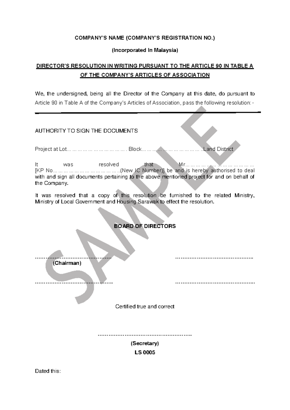 Directors' Resolution on Authority to Sign Documents - LS 0005 - Studocu