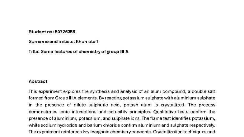 NCHE 221 Experiment 4: Synthesis and Analysis of Potash Alum - Studocu
