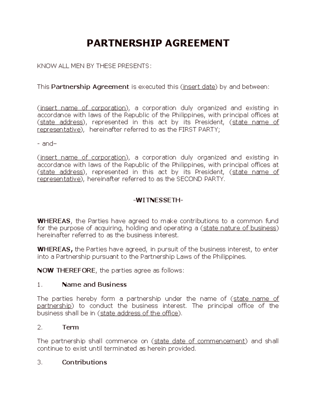 Partnership Agreement Draft for [Course Code] - Legal Structure ...