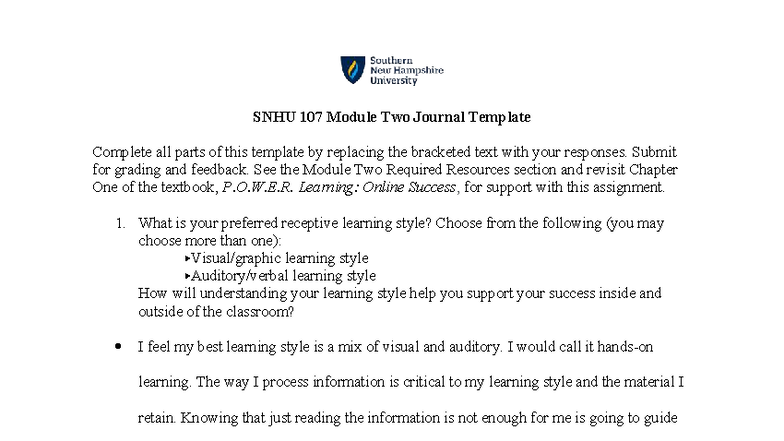 SNHU 107 Module 2 Journal: Understanding Learning Habits and Success ...