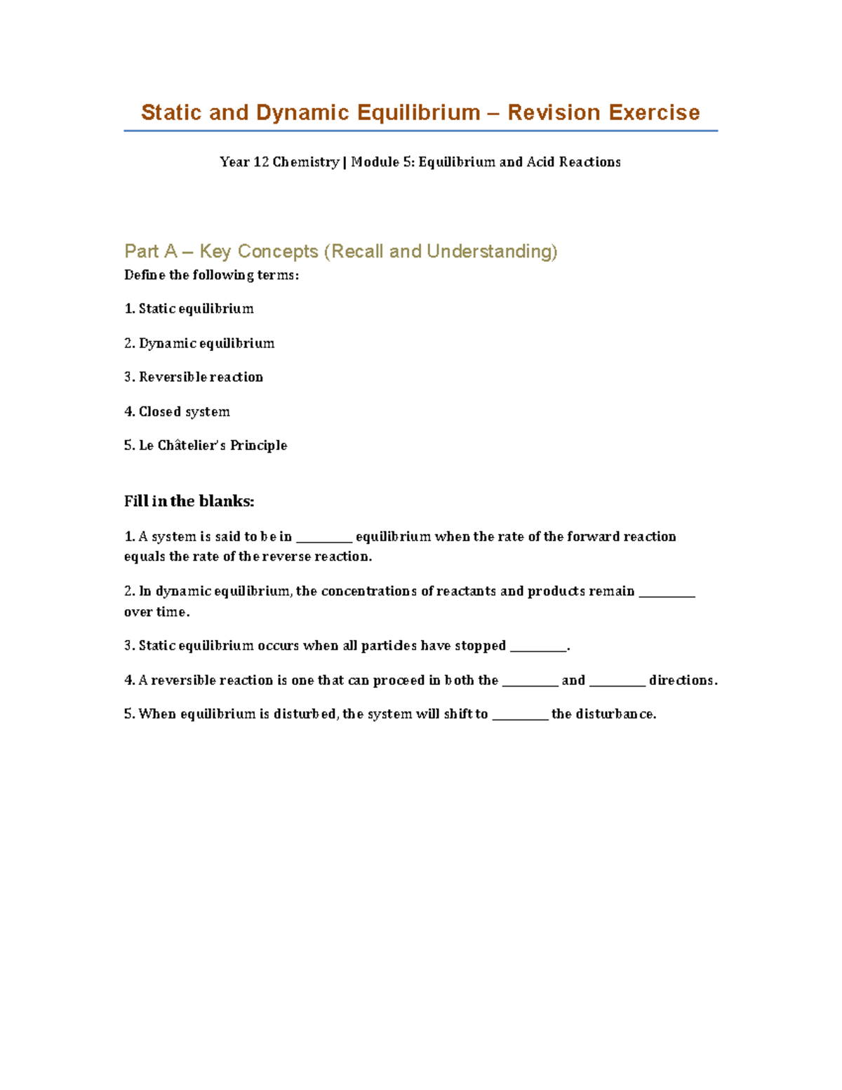 Year 12 Chemistry: Static & Dynamic Equilibrium Revision Exercise - Studocu