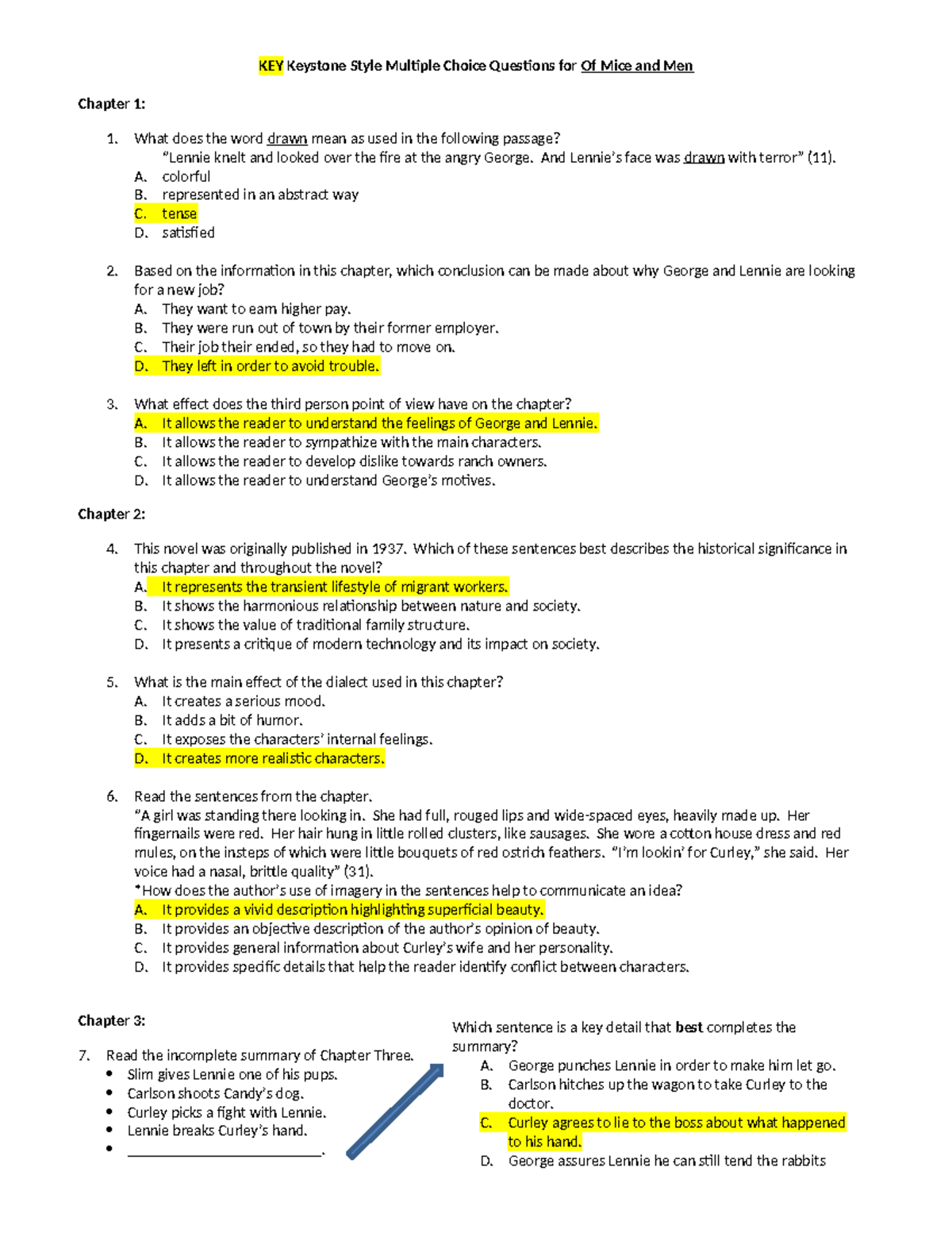 Keystone MC and Short Answer Of Mice and Men KEY 2 - KEY Keystone Style ...