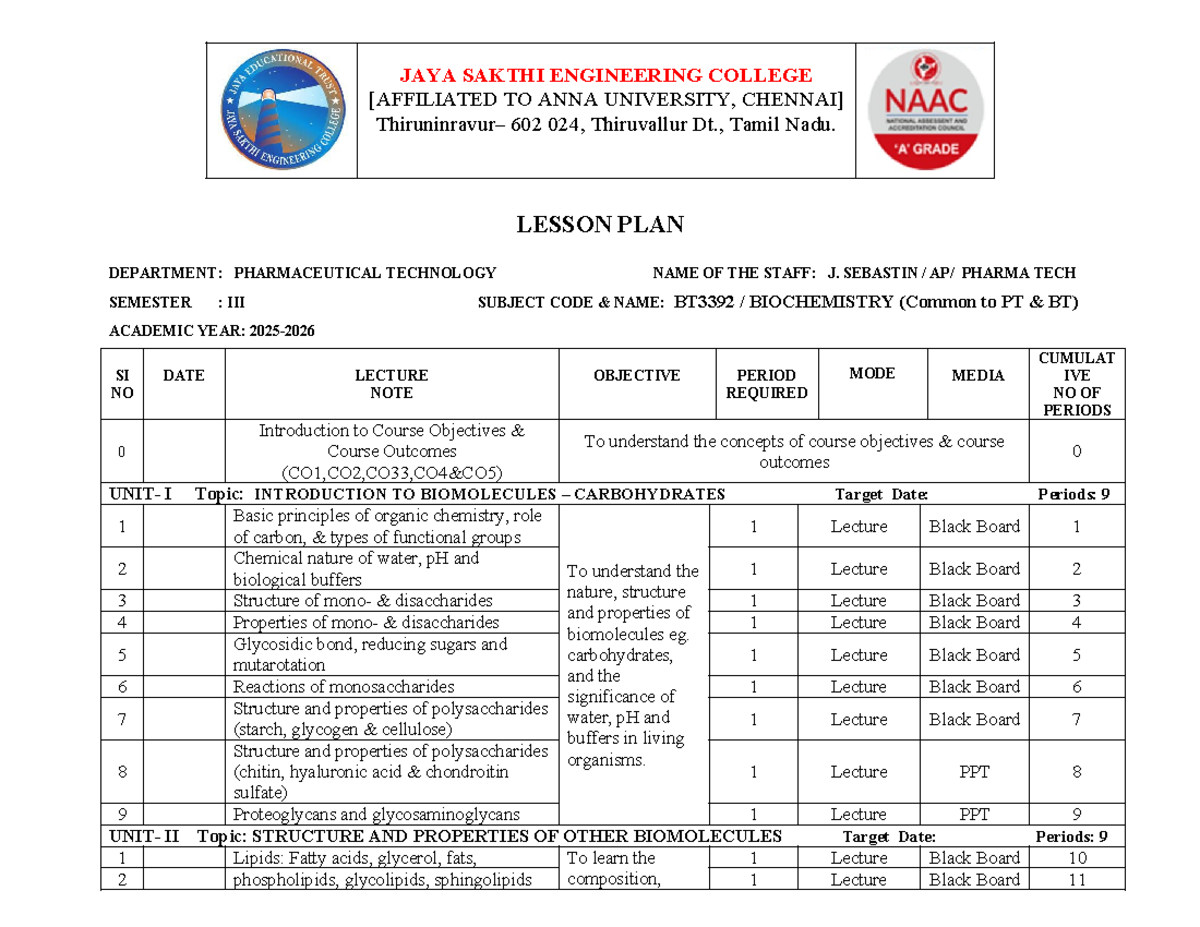 Biochem LP - Lesson Plan for BT3392 Biochemistry - Studocu