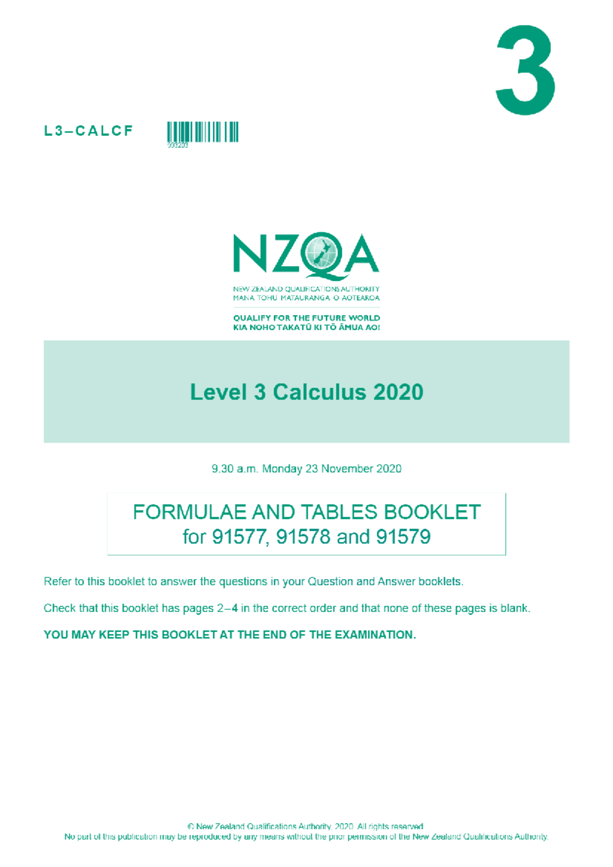 Level 3 Calculus Formulae & Tables Booklet for 91577, 91578, 91579 ...