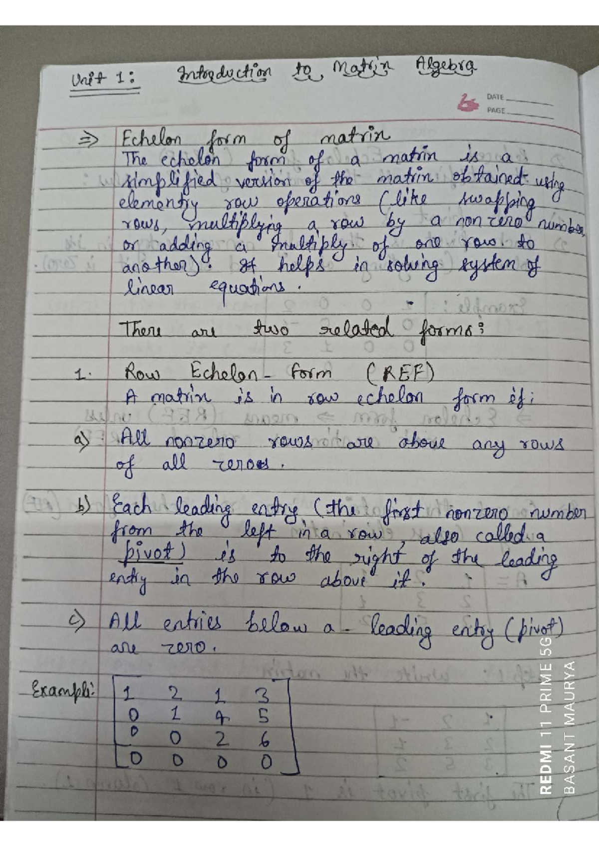 MFC Unit 1: Introduction to Matrix Algebra and Echelon Forms - Studocu