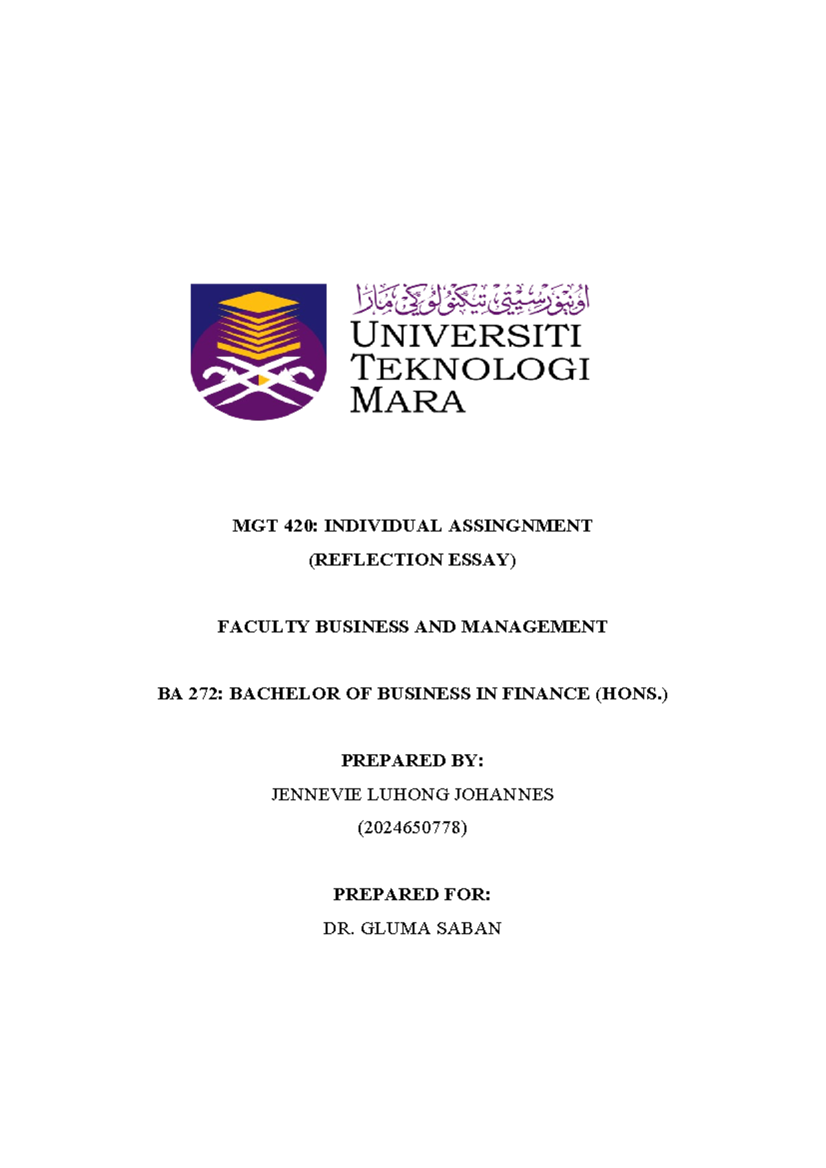 Individual Assignment MGT420 - MGT 420: INDIVIDUAL ASSINGNMENT ...