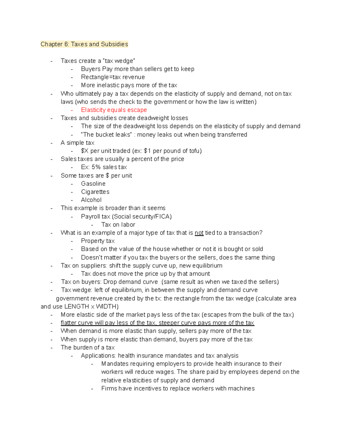 Week 5 Chapter 6 Notes - Taxes and Subsidies - Econ 1014 - Studocu