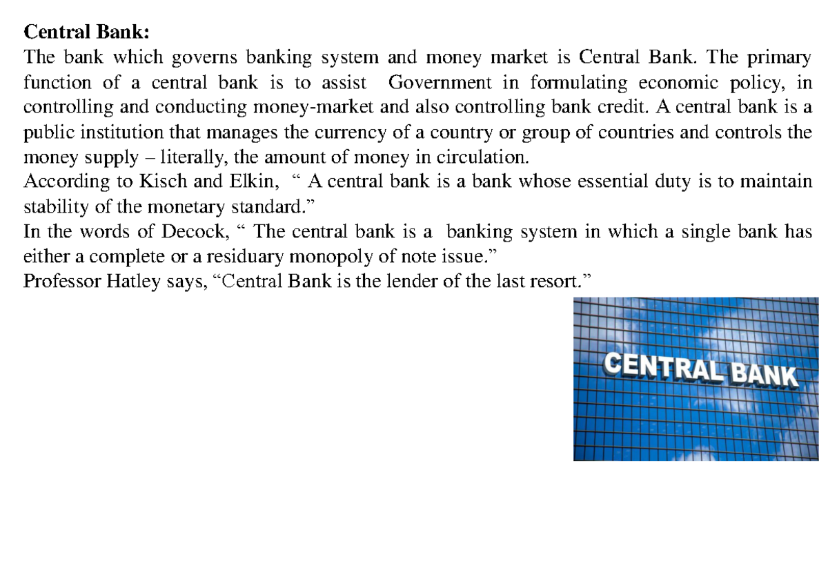 Central Bank Functions and Monetary Management (Course Code: 9) - Studocu