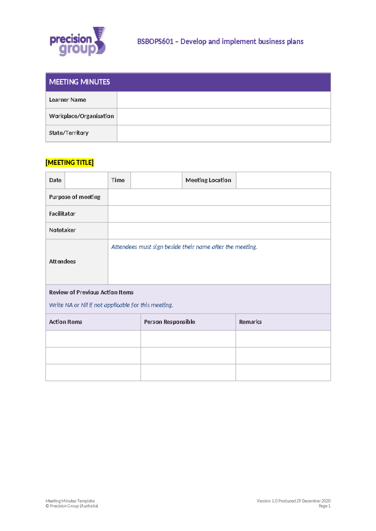 BSBOPS601 Meeting Minutes Template for Business Plans - Studocu