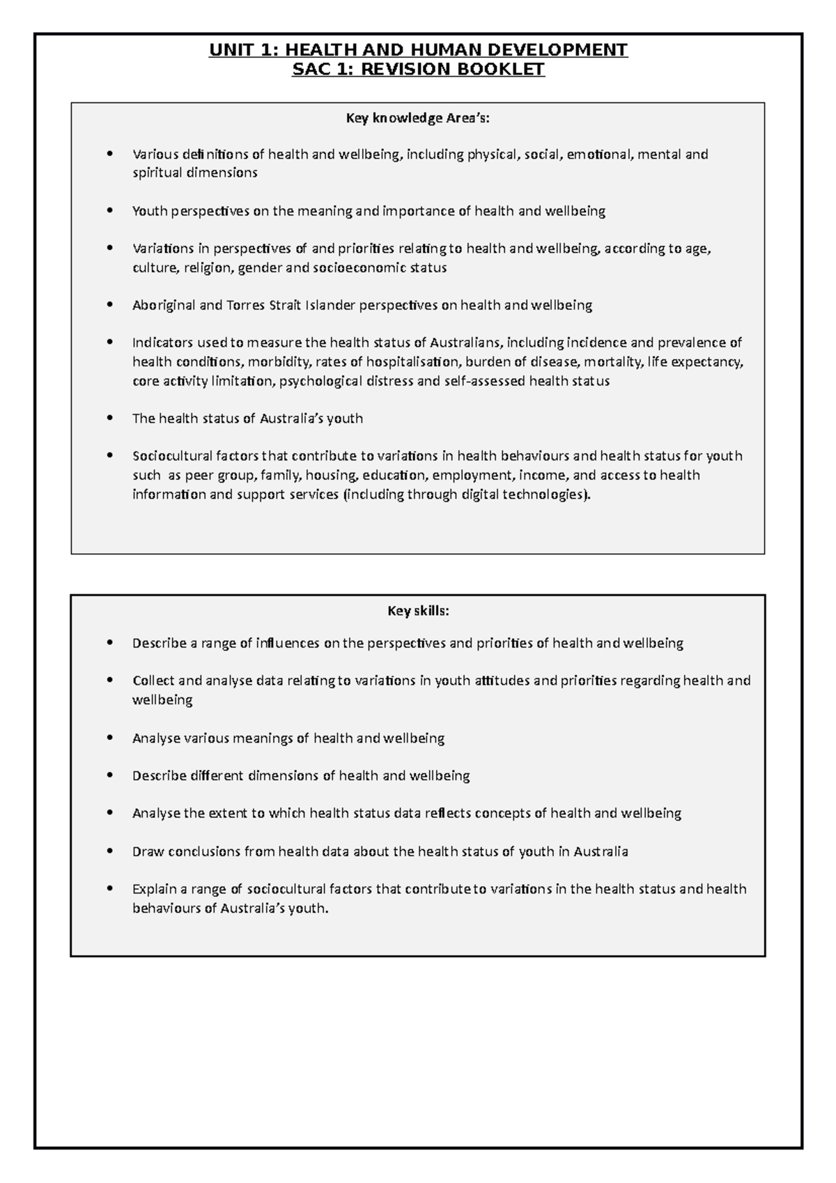 UNIT 1 AOS1 SAC Revision Booklet - UNIT 1: HEALTH AND HUMAN DEVELOPMENT ...