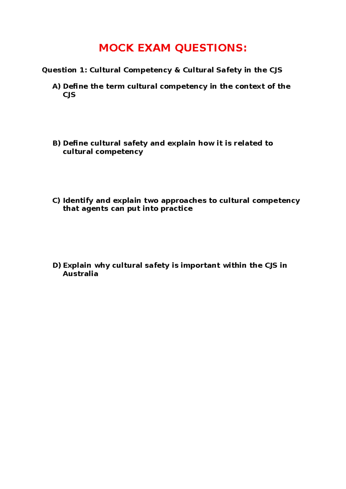 CRM307 Mock Exam: Cultural Competency & Safety in the CJS - Studocu
