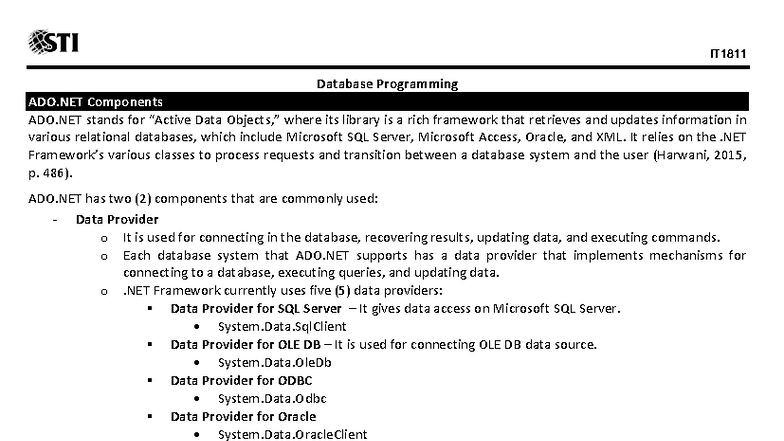 IT1811 ADO.NET Components Overview and Database Programming Guide - Studocu