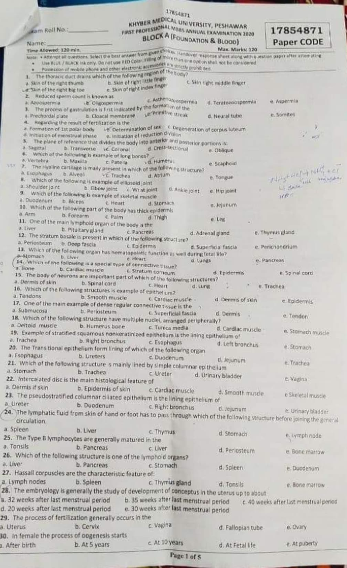 KMU 2020 ME 17854N71 Annual Exam Paper - First Year - Studocu