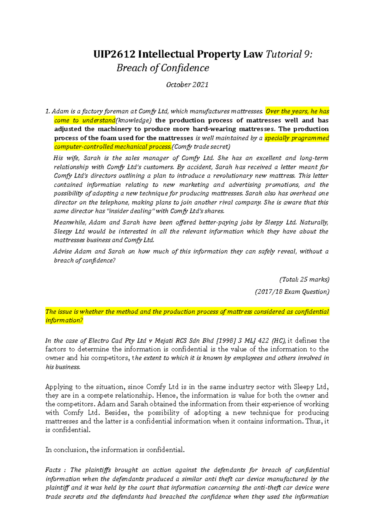 IPL Tutorial 9 (Breach of Confidence) - UIP2612 Intellectual Property ...