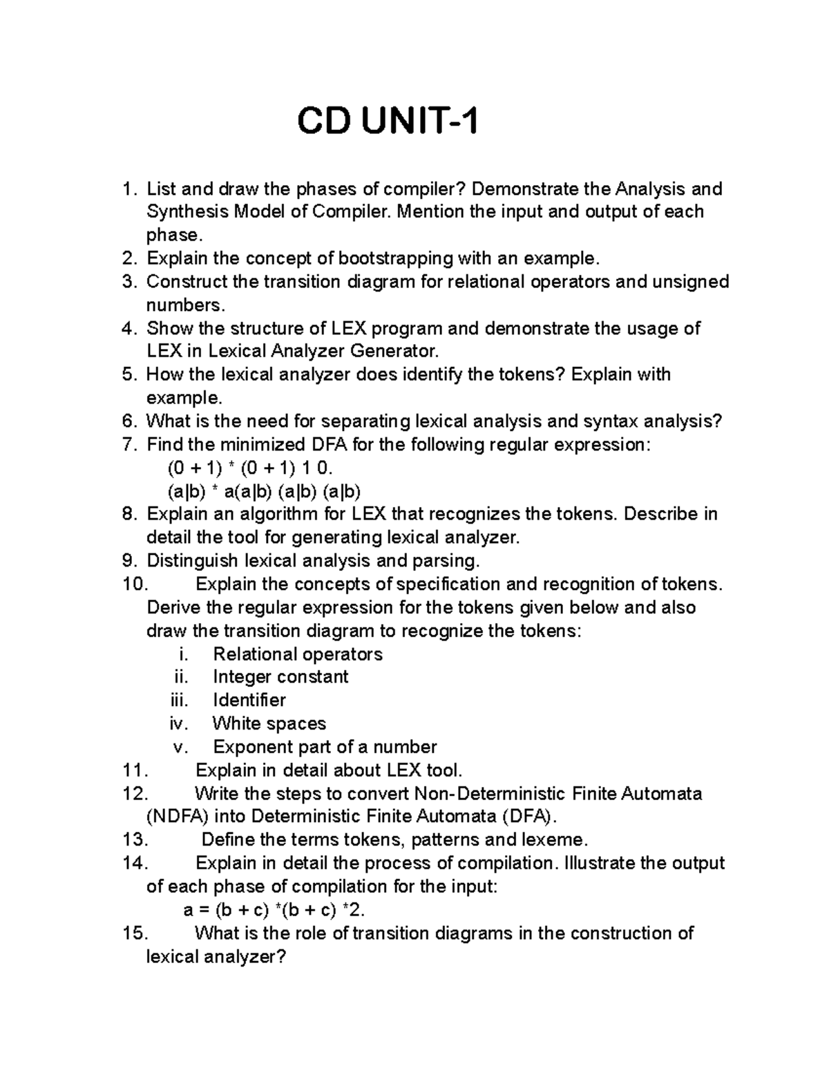 CD - Compiler Design Important Questions for Final Exam - Studocu