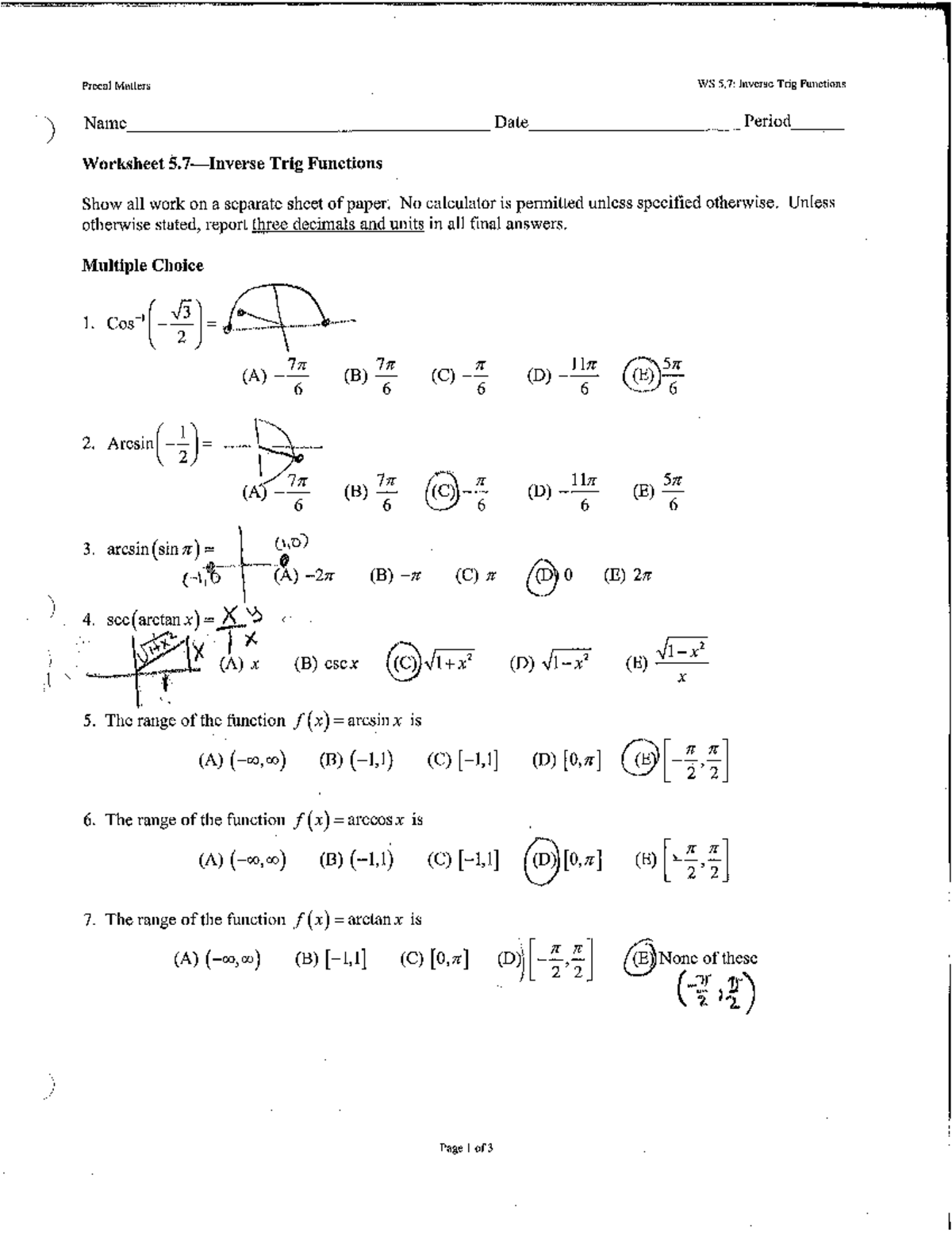 Precalculus J WS 5.7: Inverse Trig Functions Worksheet - Studocu