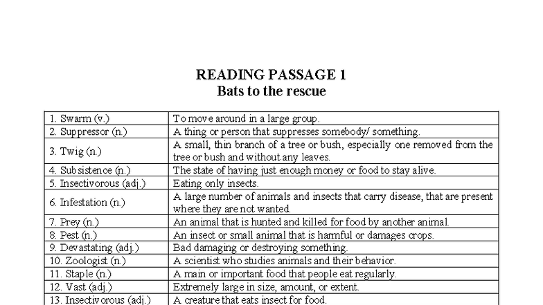 READING PASSAGE 1: Bats to the Rescue Vocabulary Guide - Studocu
