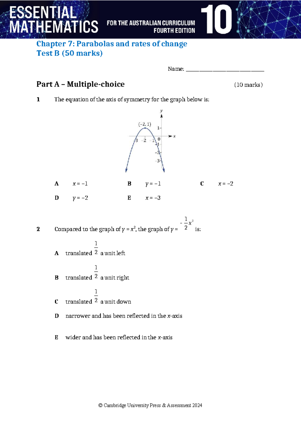 Chapter Test 07B: Parabolas & Rates of Change (50 Marks) - Studocu