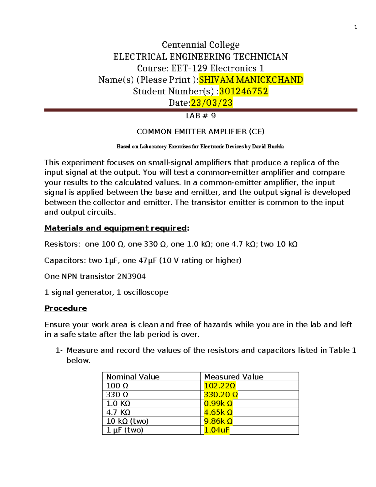 EET-129 Lab 9: Common Emitter Amplifier Experiment and Analysis - Studocu