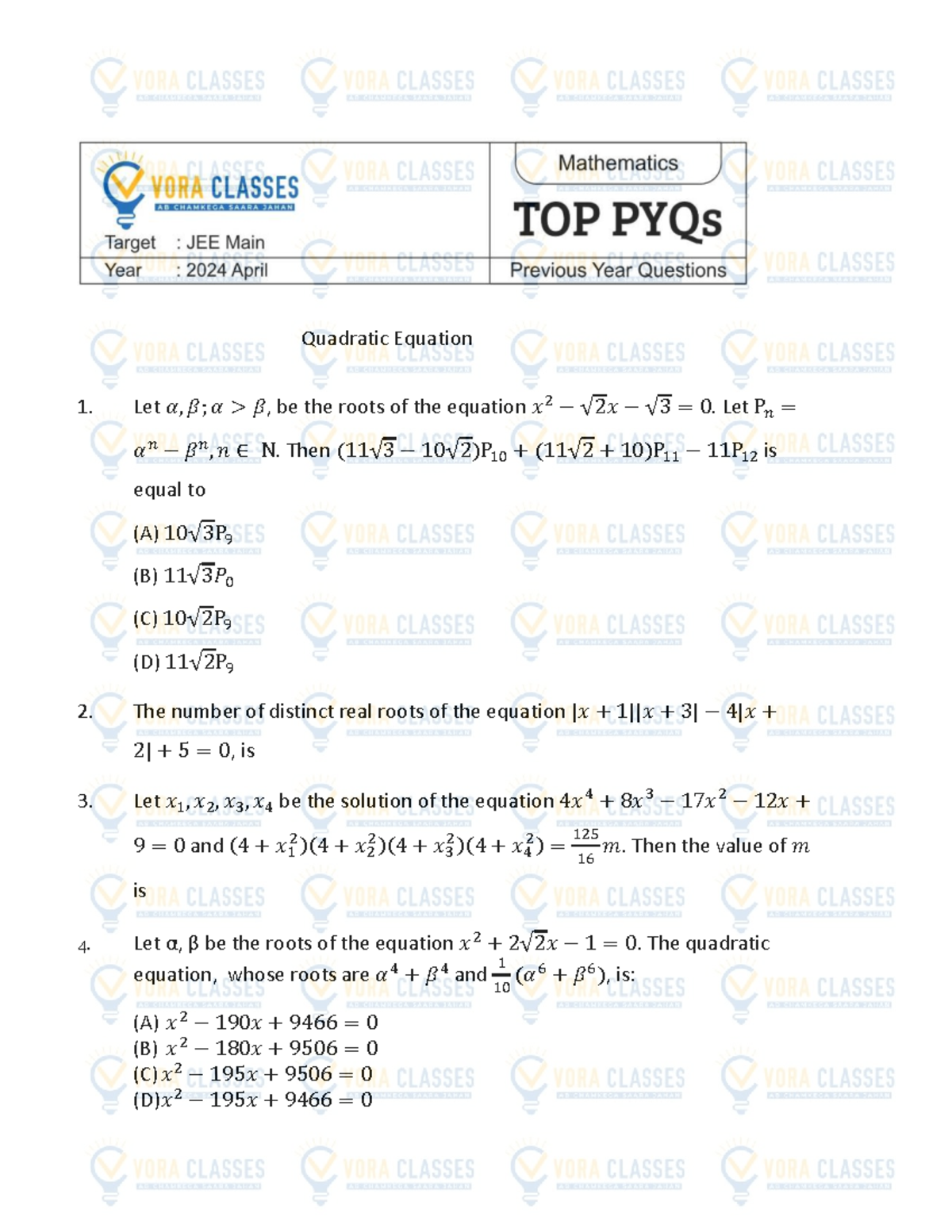 Top 100 PYQs of JEE Main 2024 April Mathematics Exam - Studocu