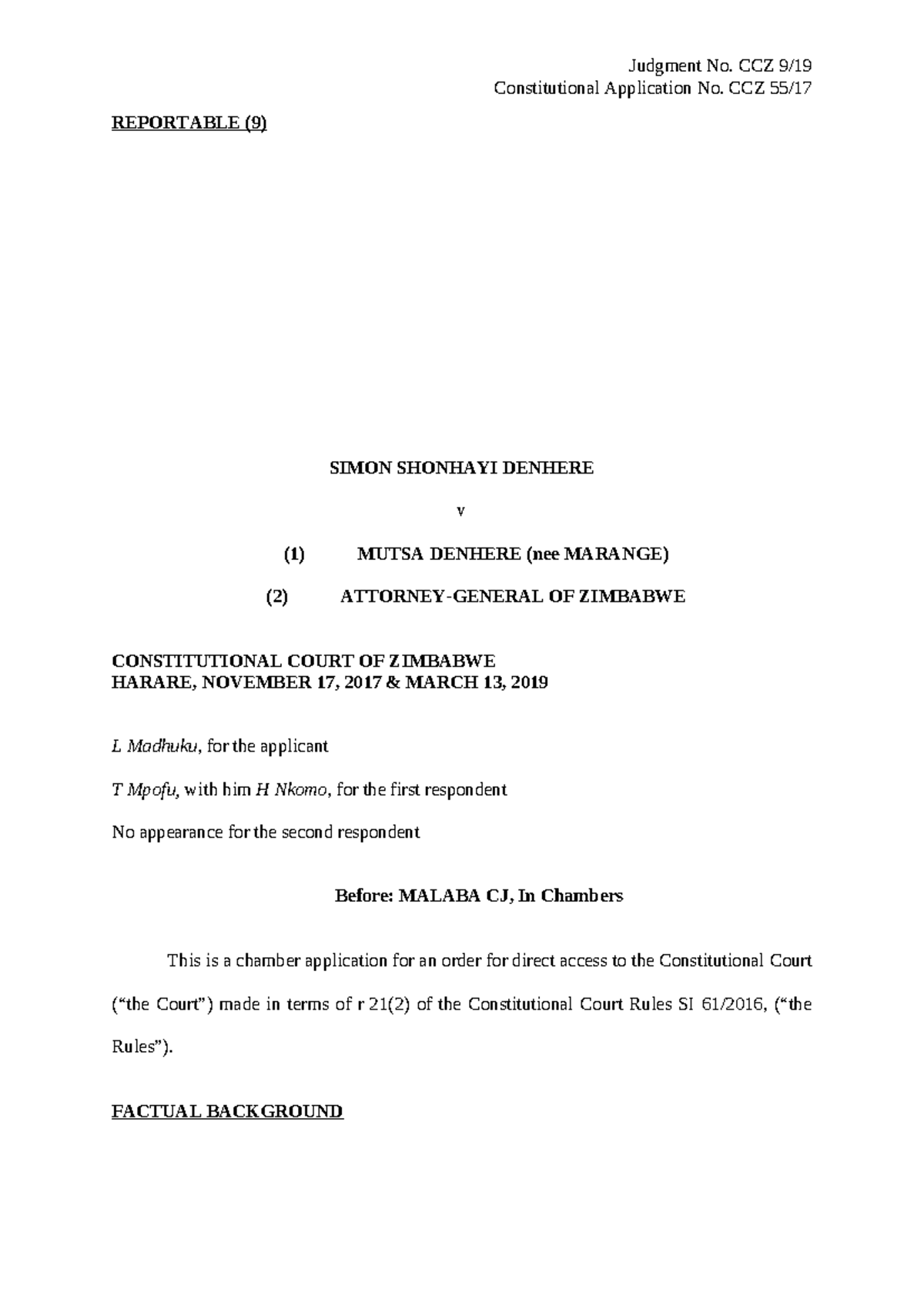Denhere v Denhere Anor: CCZ 9/2019 Constitutional Application Analysis ...