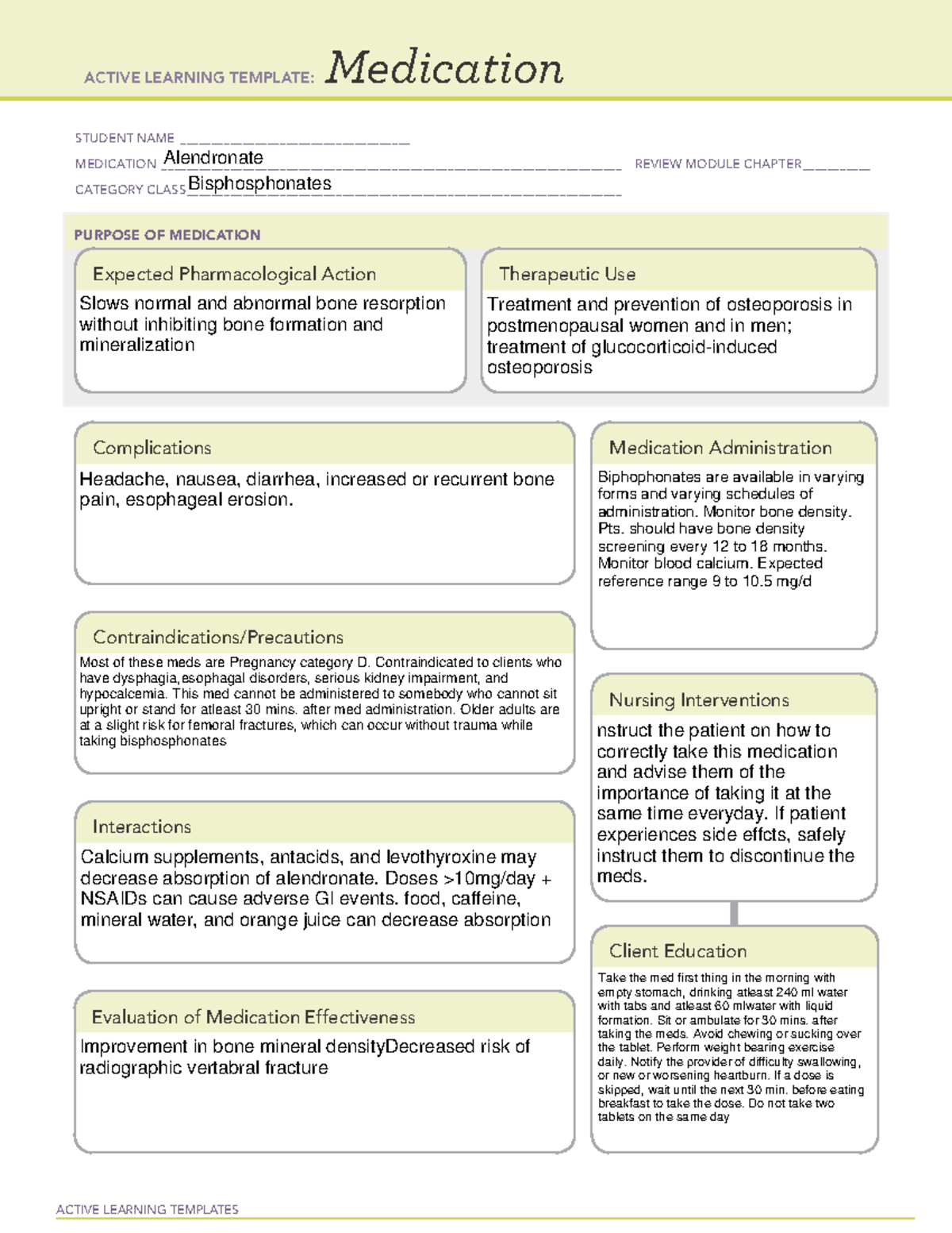 Alendronate Active Learning Template - Pharmacology Study Guide - Studocu