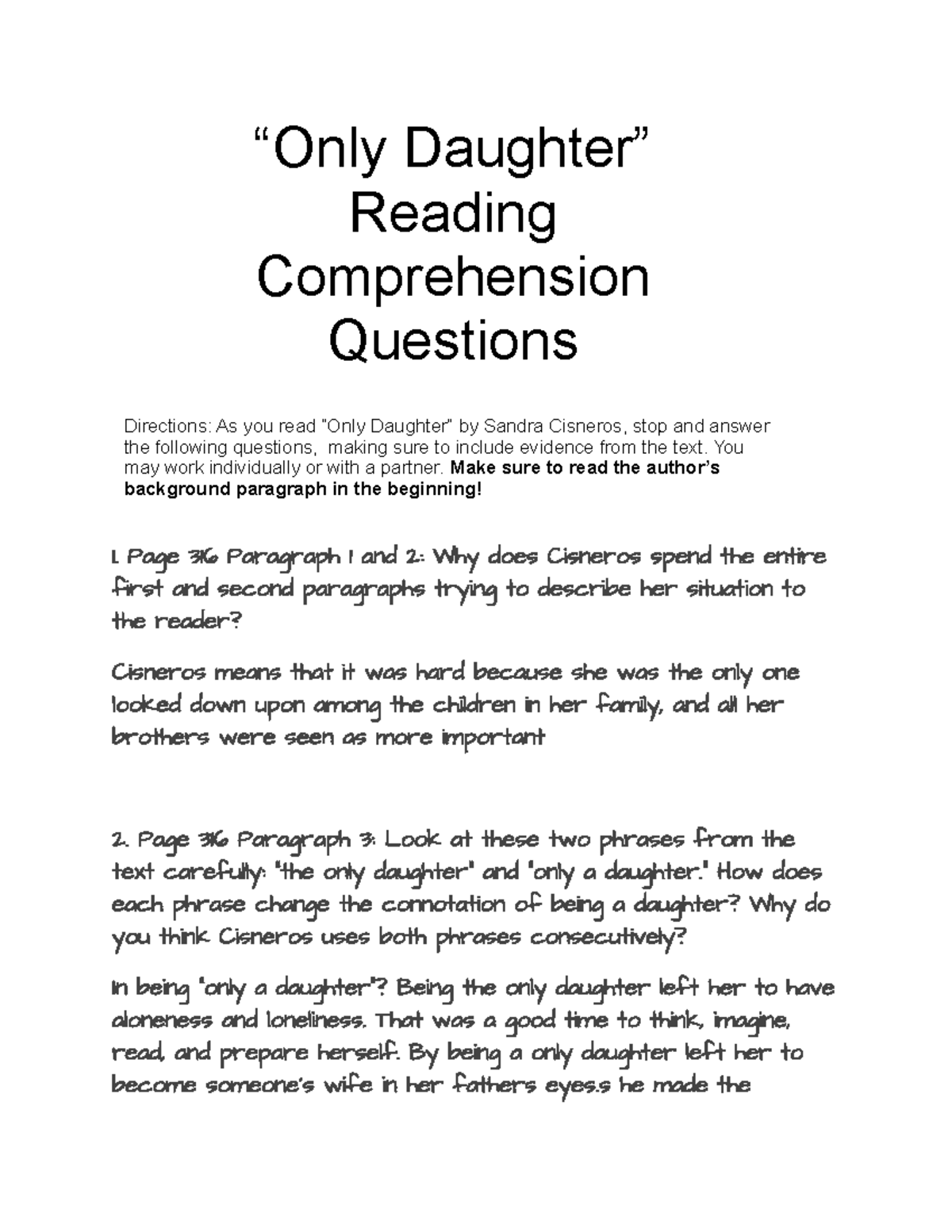“Only Daughter” by Cisneros: Reading Comprehension Questions - Studocu