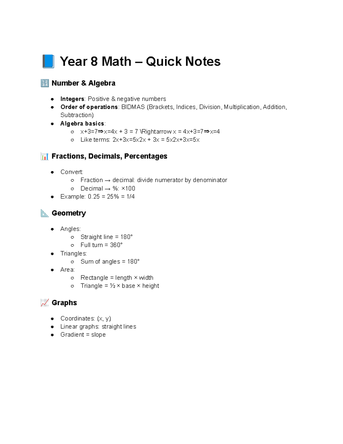 📘 Year 8 Math – Quick Notes - 📘 Year 8 Math – Quick Notes 🔢 Number ...