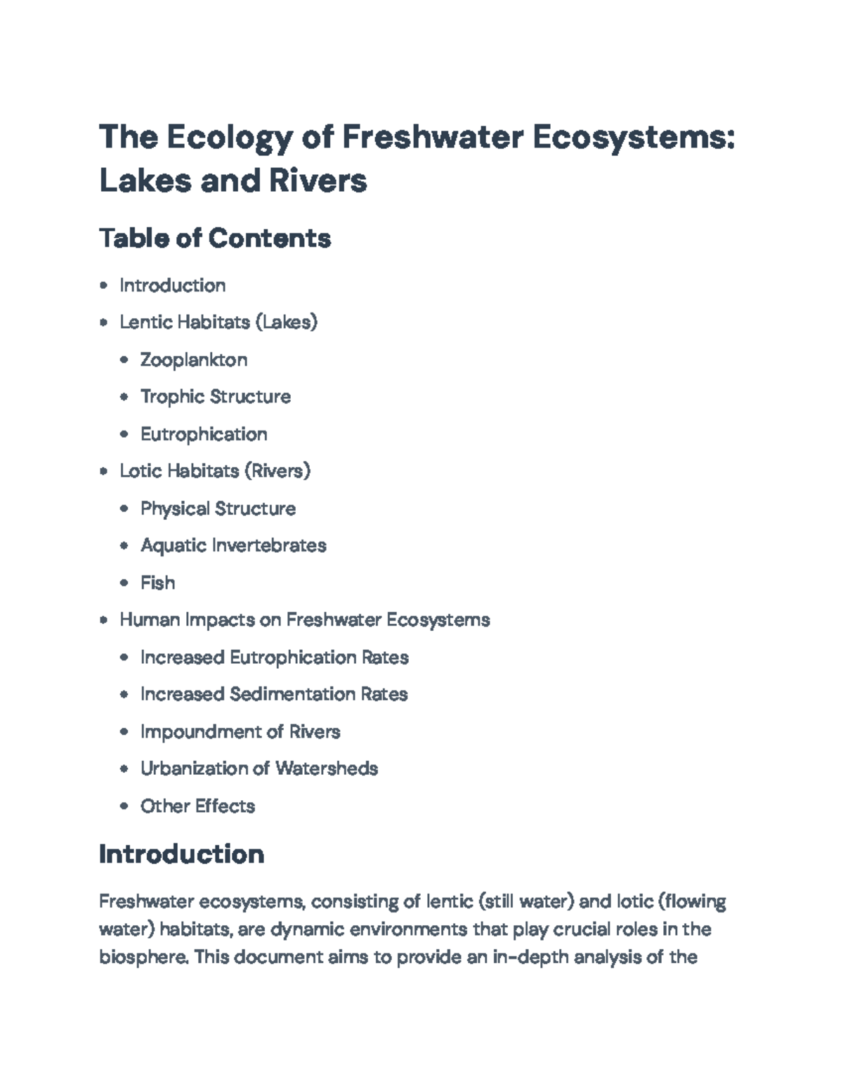 The Ecology of Freshwater Ecosystems (BIO101: Lakes & Rivers Analysis ...