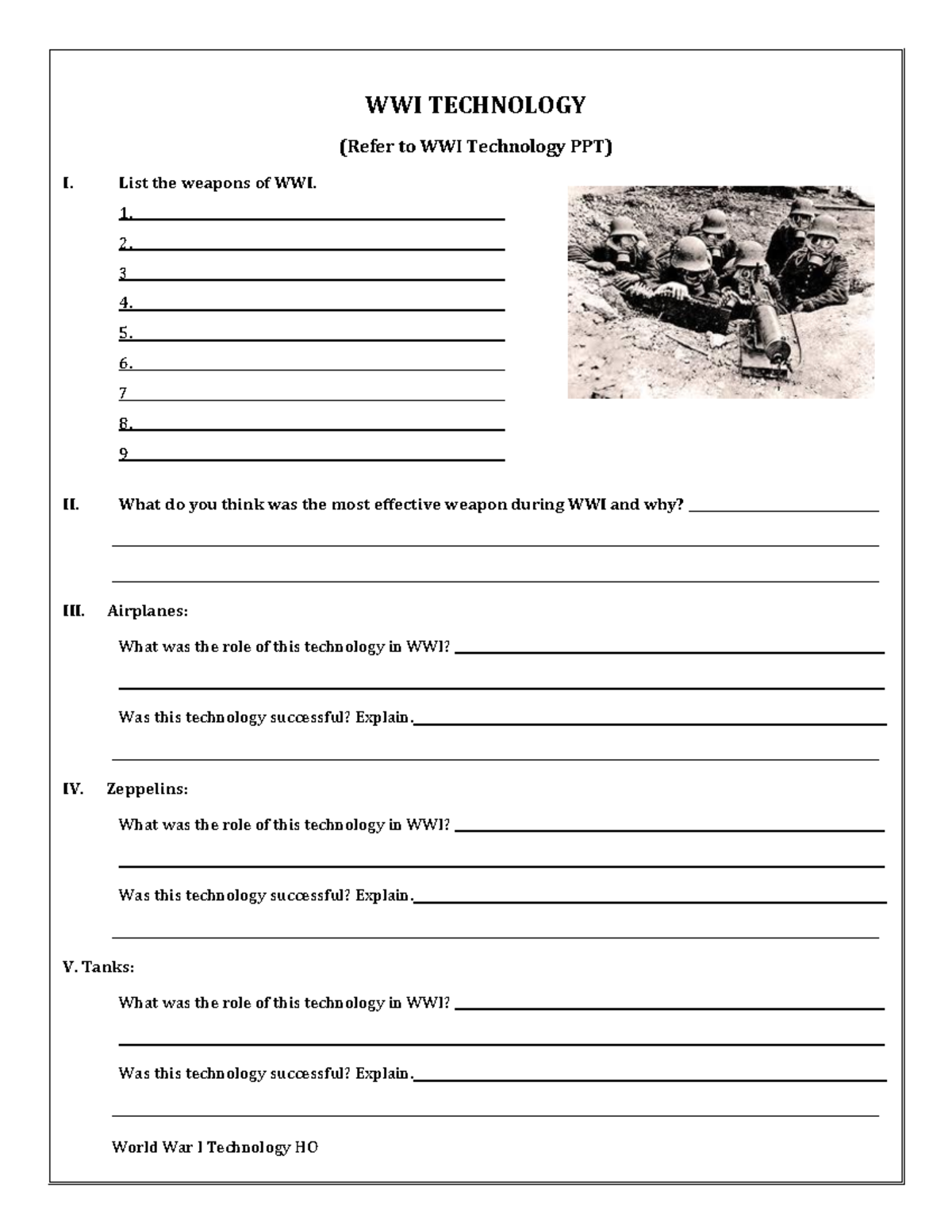 WWI Technology Work Sheet - World War I Technology HO WWI TECHNOLOGY ...