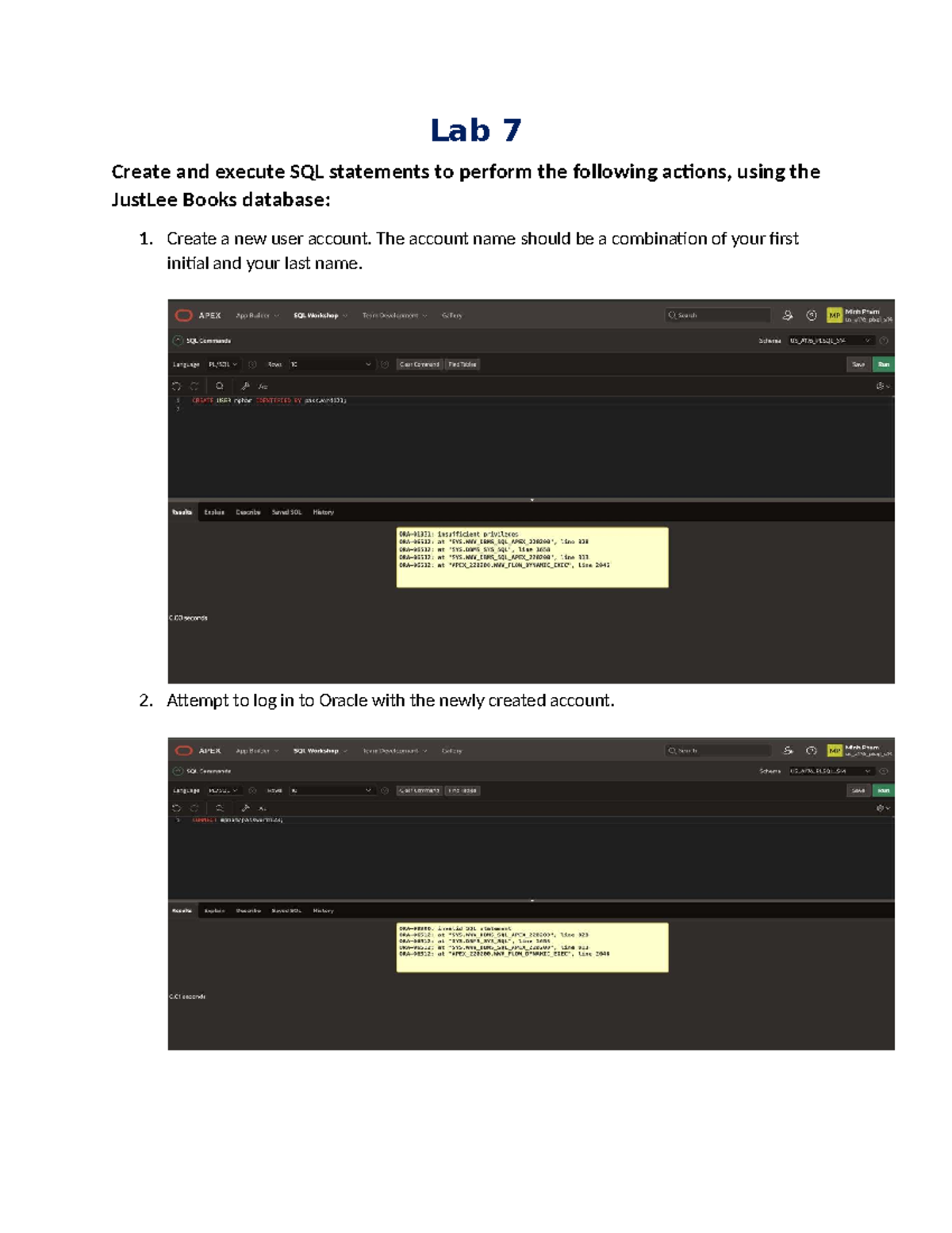 SQL Lab 7: Execute SQL Statements for User and Role Management - Studocu