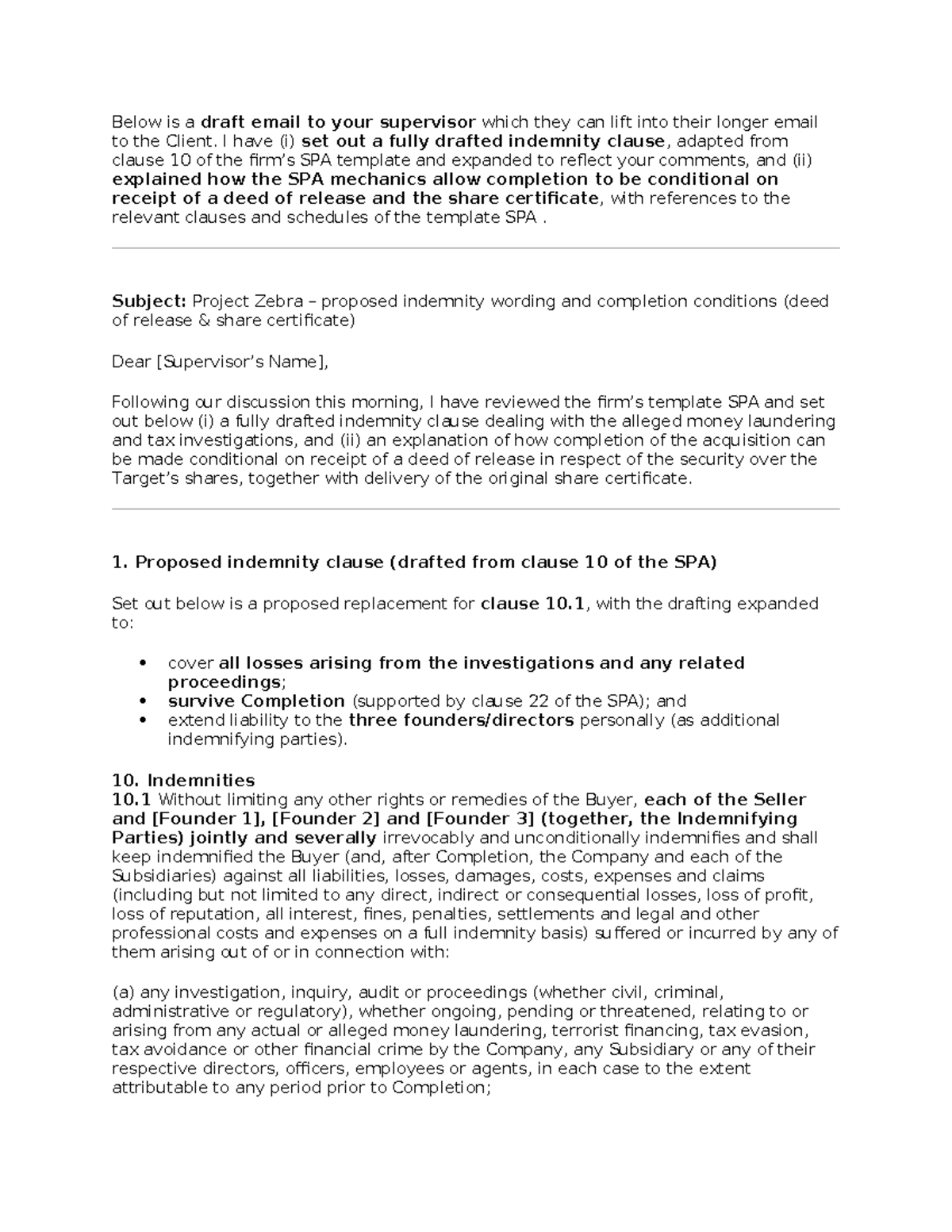 Project Zebra: Indemnity Clause & Completion Conditions Draft - Studocu