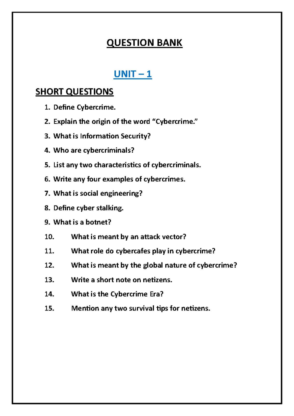 Cyber Security Question Bank: Unit 1 Short & Long Questions - Studocu