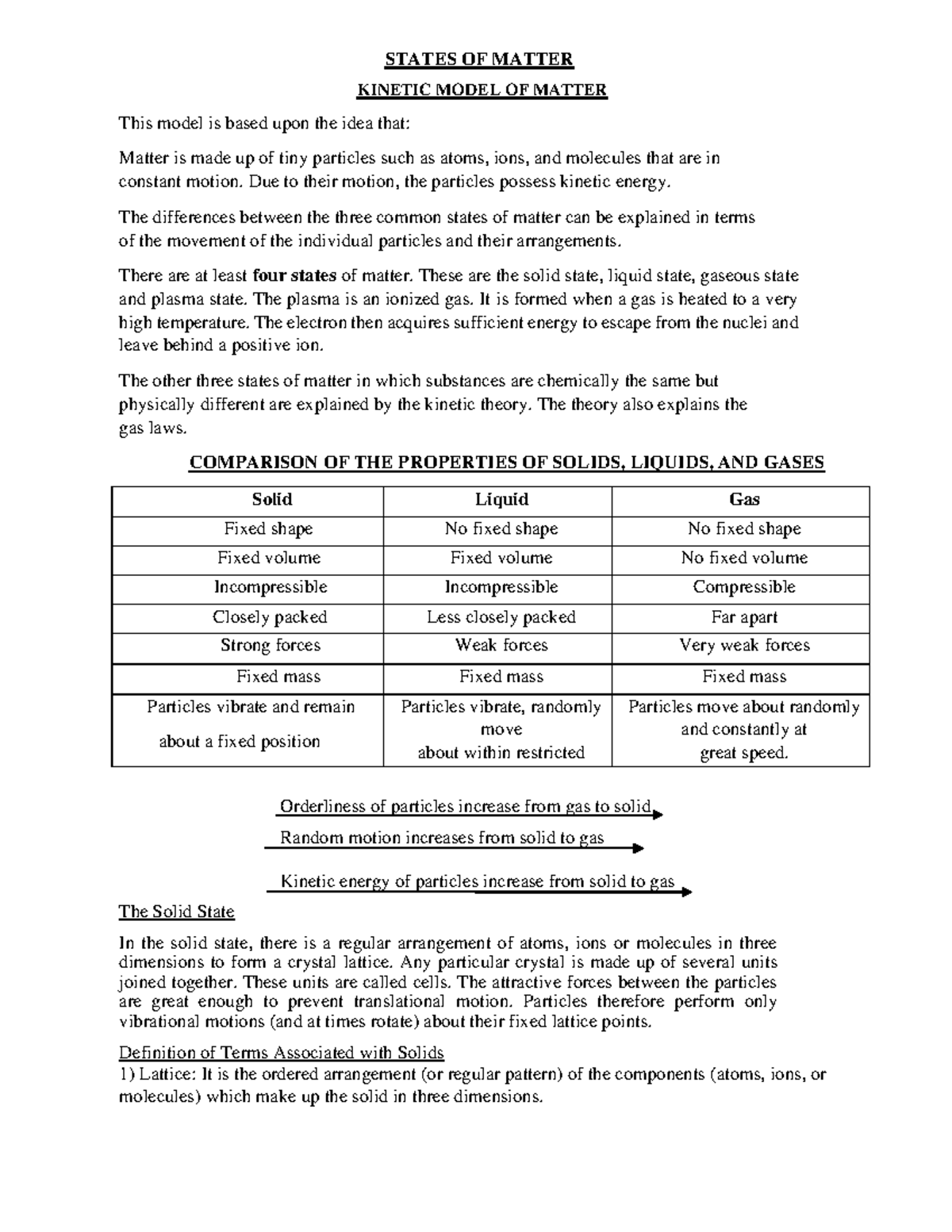 States of Matter - Kinetic Theory and Properties Overview - Studocu