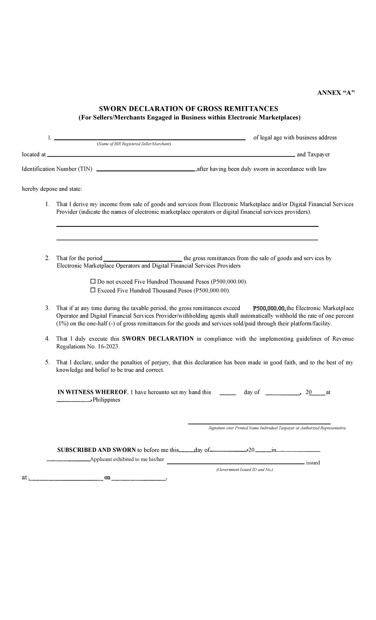 RMC No. 8-2024 Sworn Declaration Template for E-Commerce Sellers - Studocu