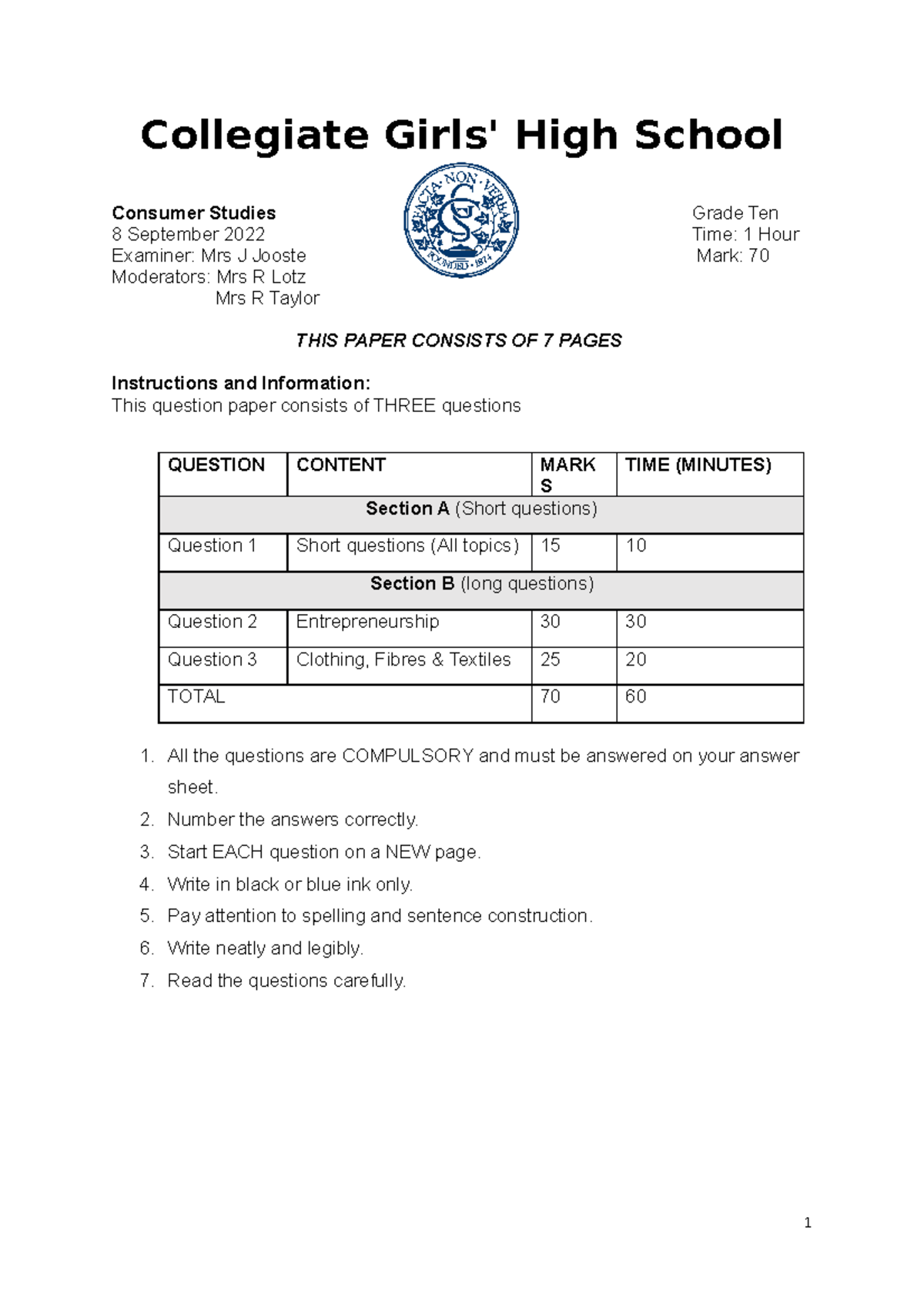 Gr 10 Consumer Studies Term 3 Practice Test 2022 - Studocu