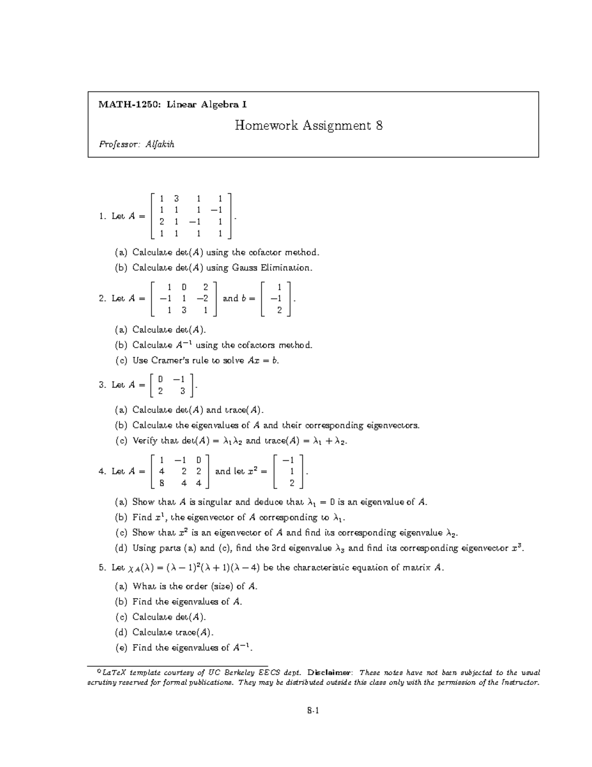 Linear Algebra I Homework Assignment 8 - Det & Eigenvalues - Studocu