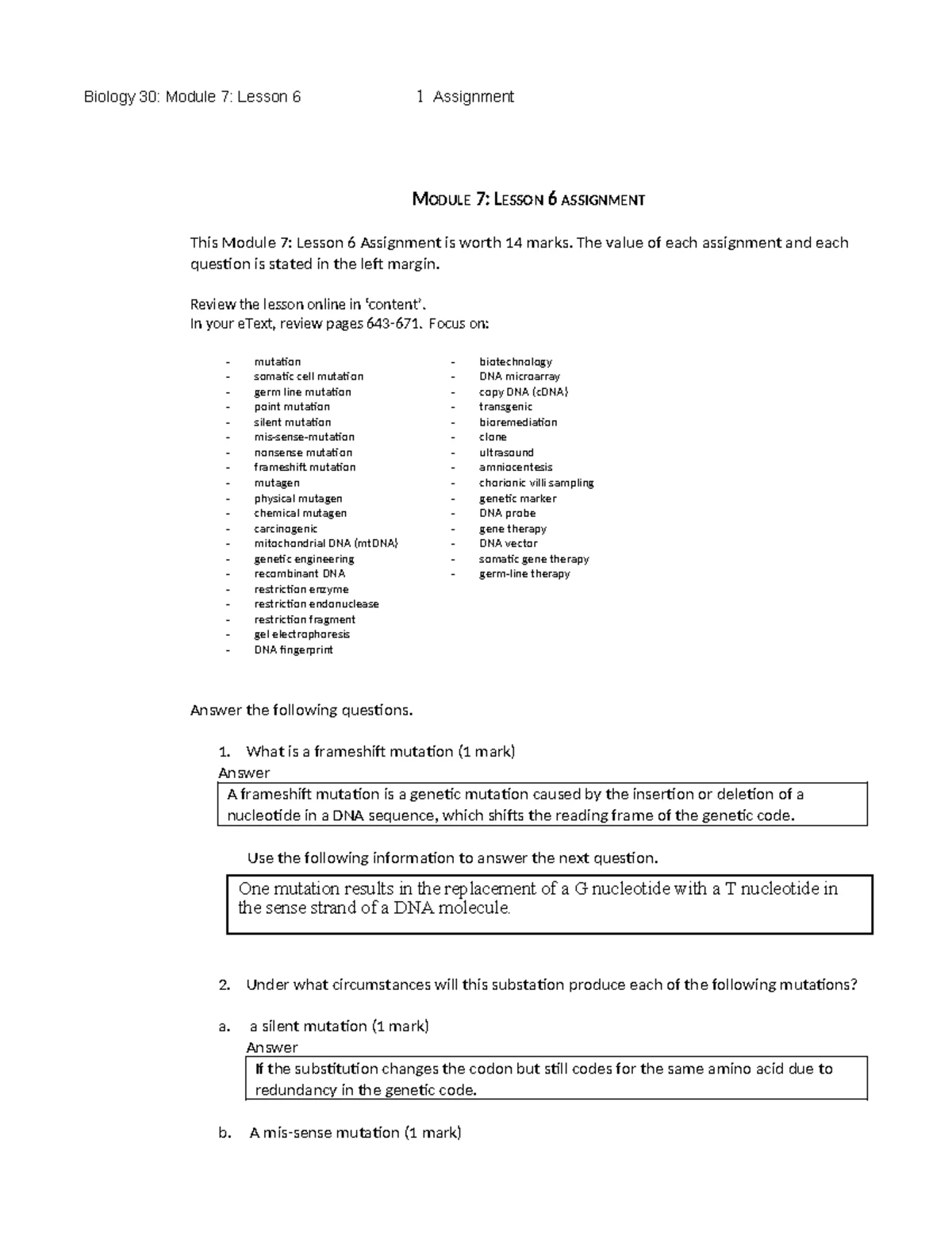 Biology 30: Module 6 Lesson 10 Assignment - Pedigree Analysis - Studocu